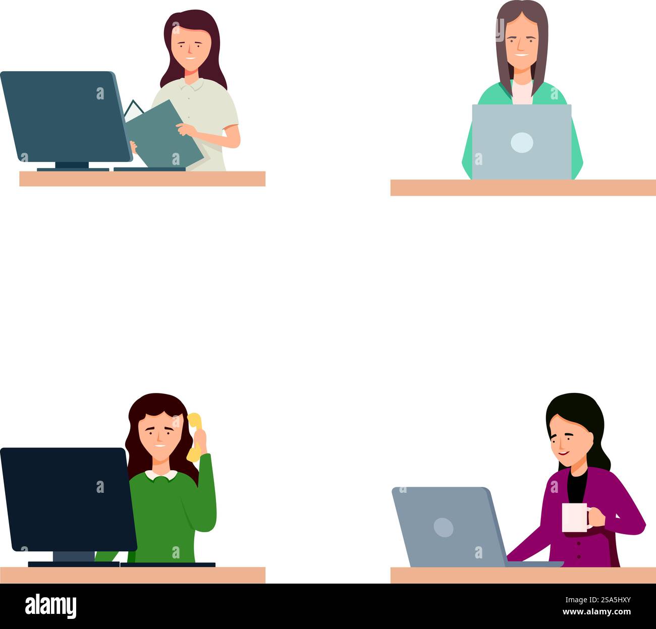 Illustration set showing a woman at her desk with different emotions ...