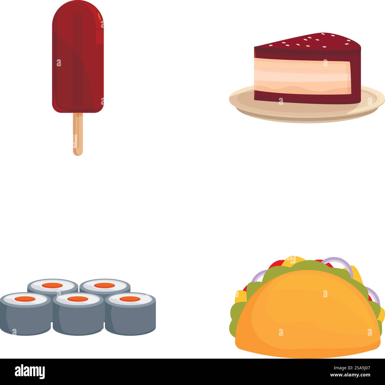 Vector collection of food items including an ice pop, cake, sushi, and ...