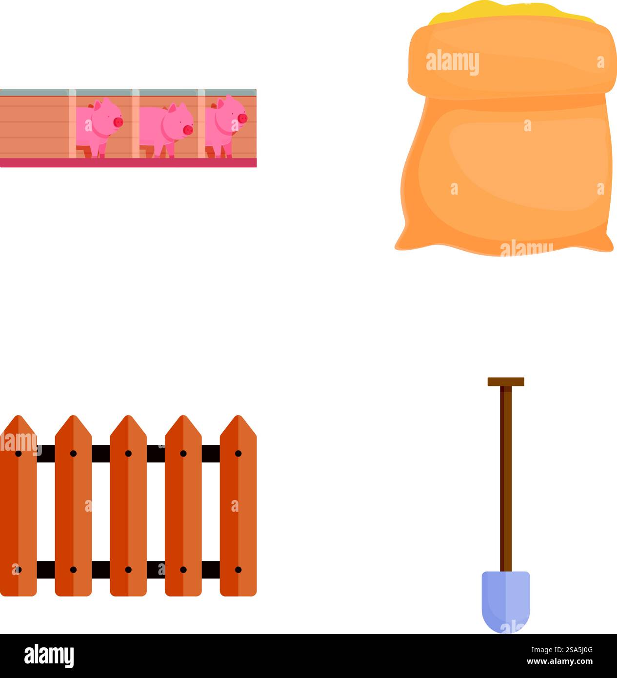 Collection of colored farm icons, pigs, grain sack, fence, and shovel ...