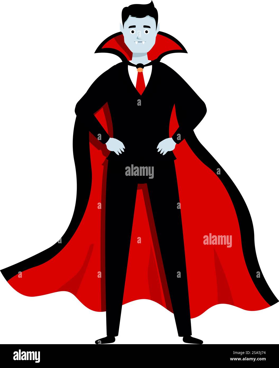Confident vampire businessman wearing a suit and cape is posing with ...