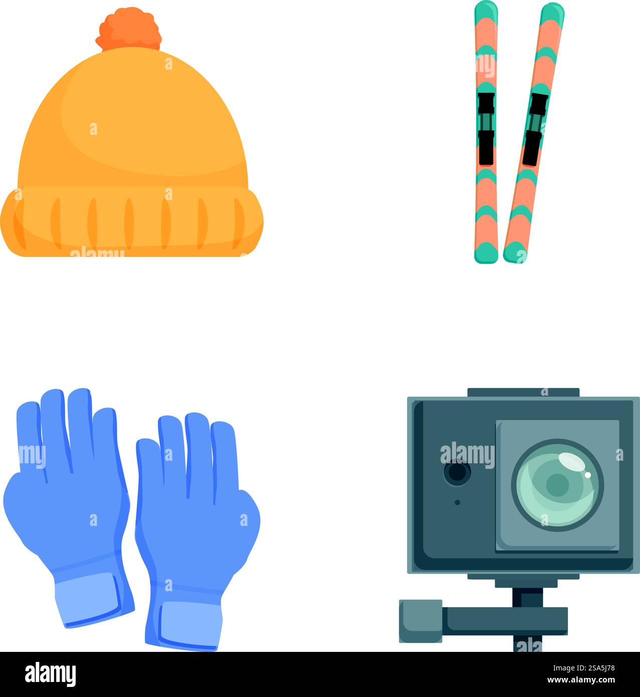 Collection of illustrated winter gear including a hat, skis, gloves ...