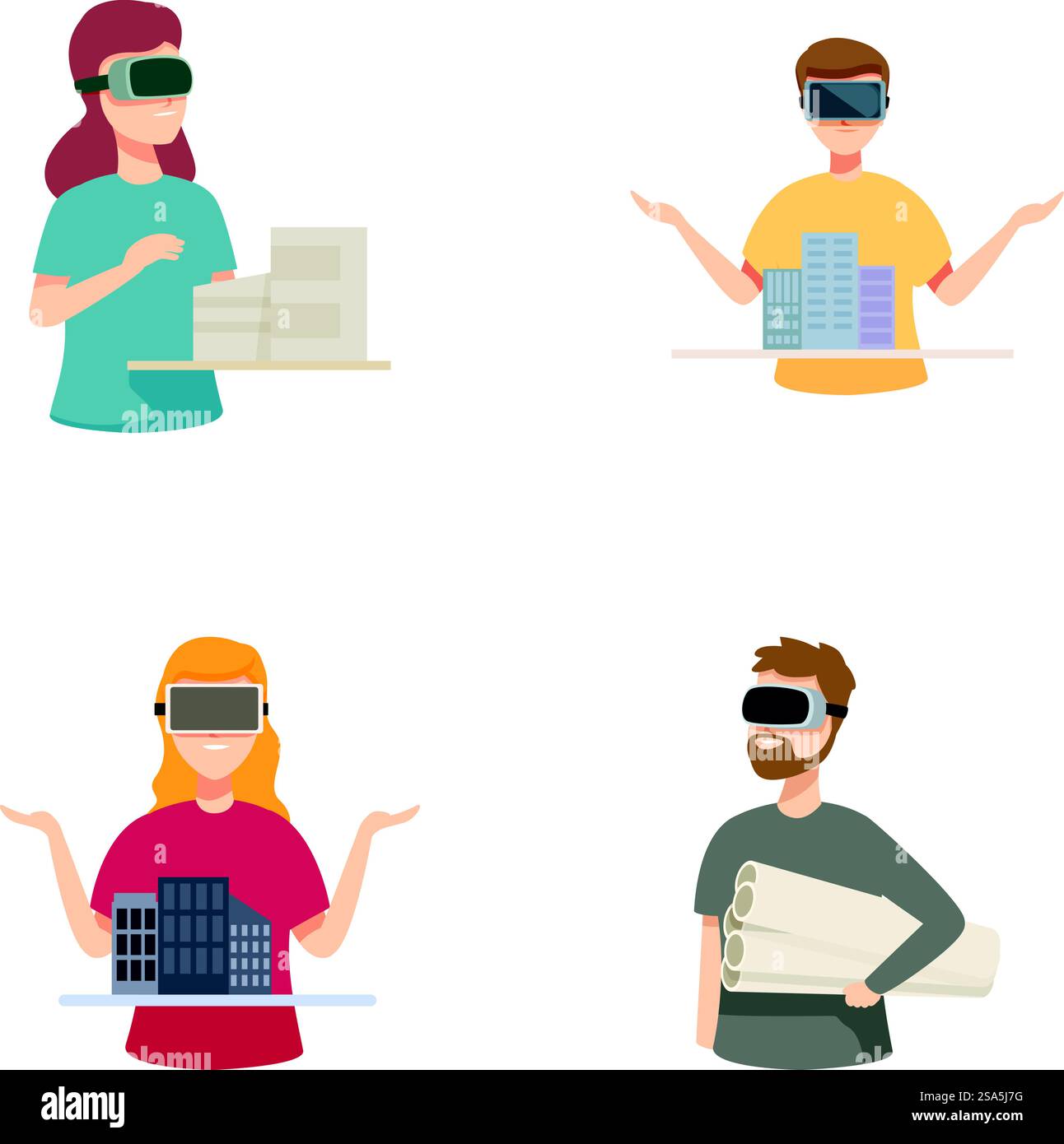 Illustration set of people using vr headsets for architectural design ...