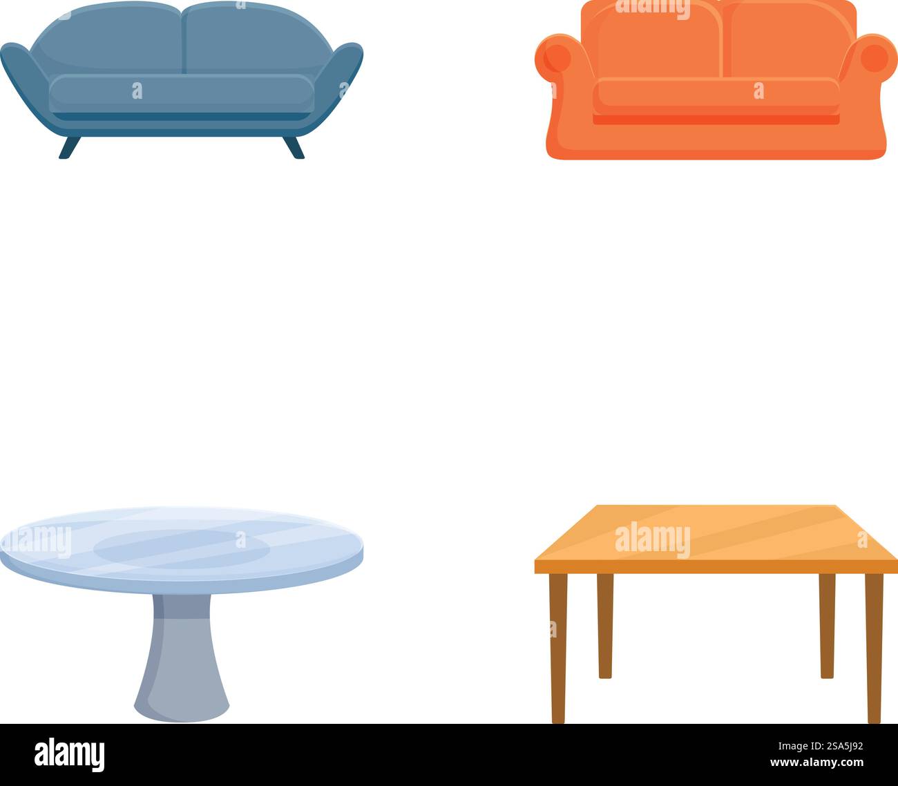 Vector illustration of furniture icons featuring a blue sofa, an orange ...