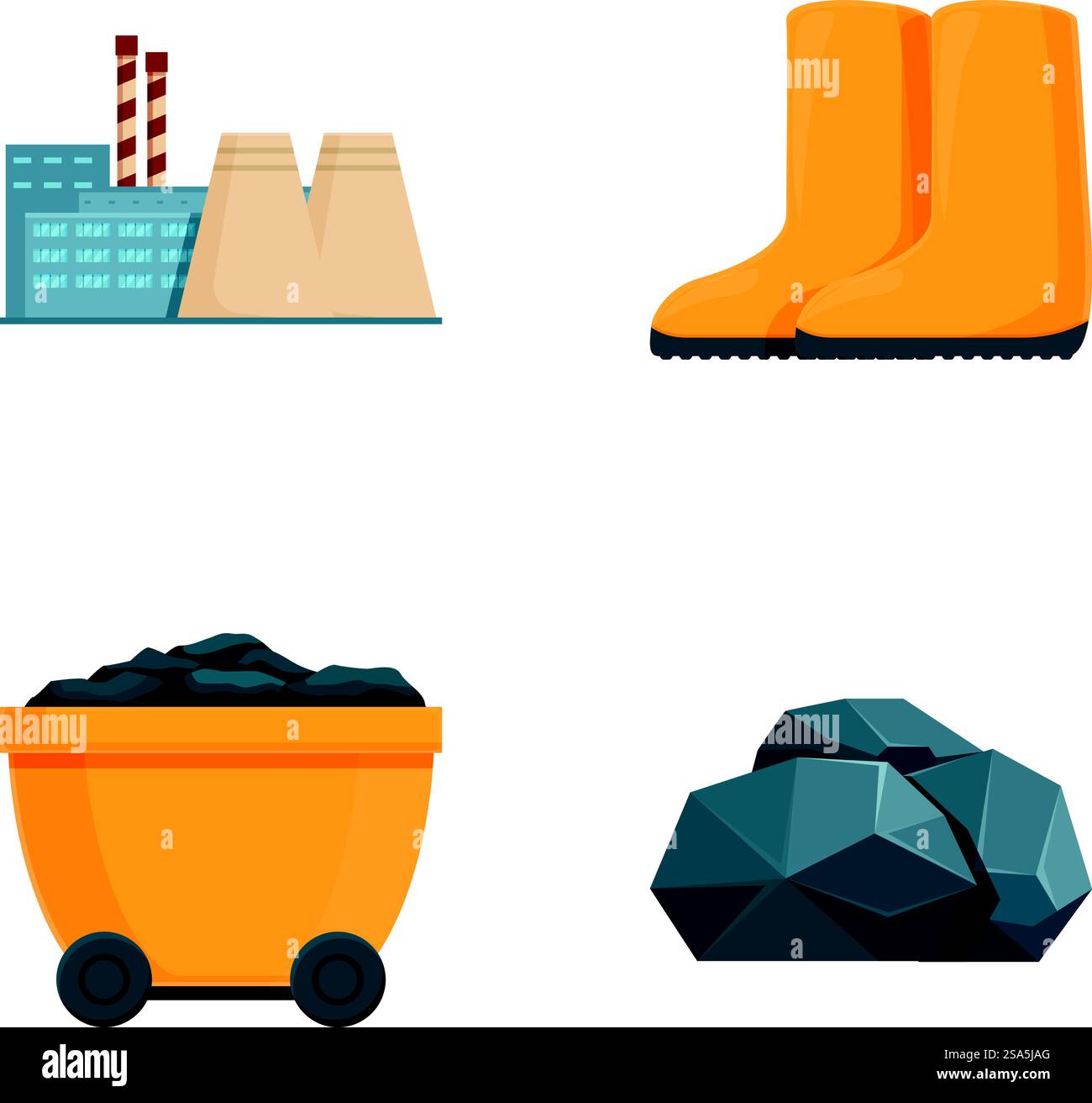 Vector icons depicting a factory, mine, safety boots, coal cart, and ...