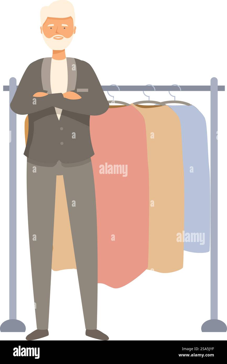 Confident senior tailor standing next to clothes rack posing with arms ...