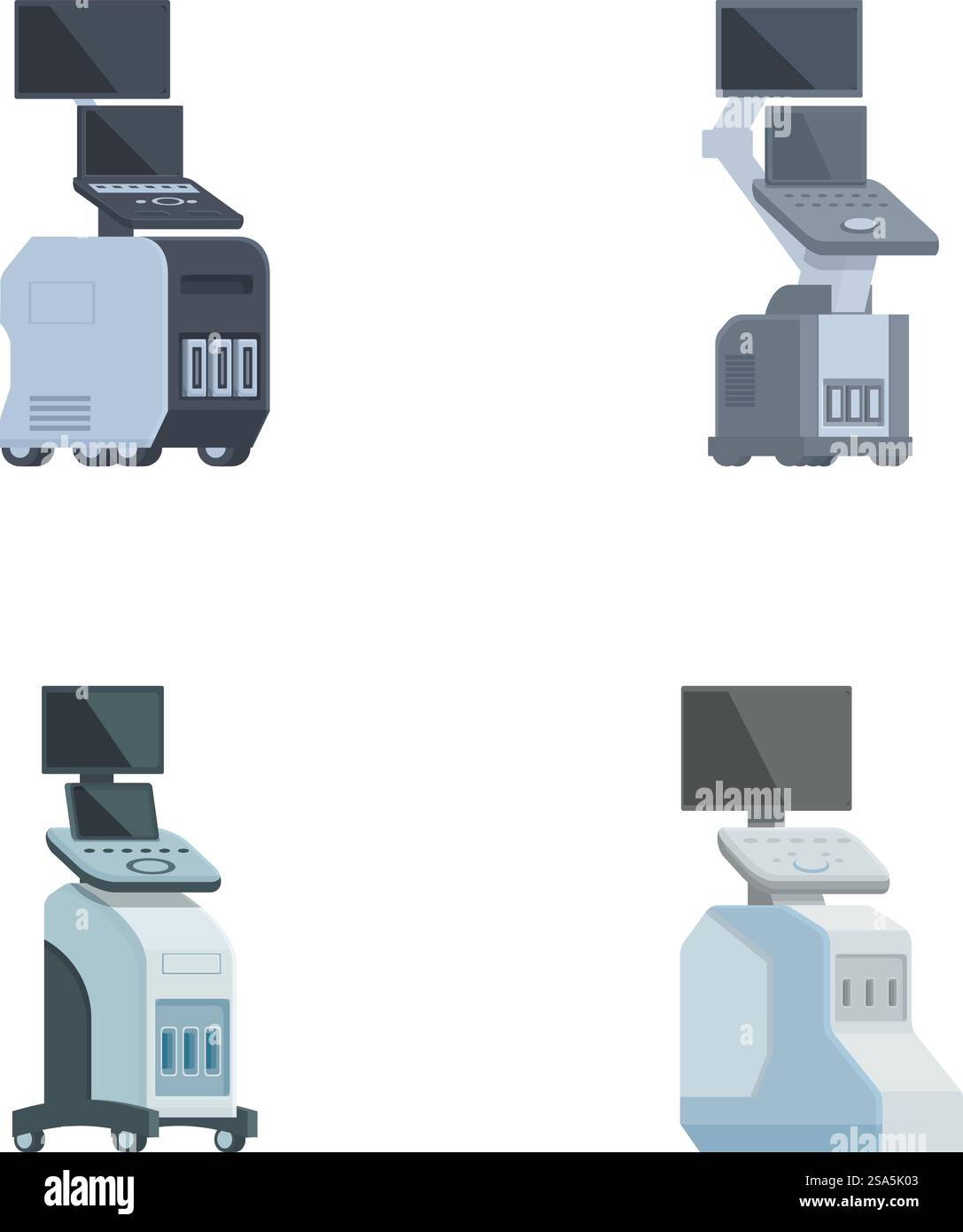 Illustration collection of four contemporary ultrasound machines with ...