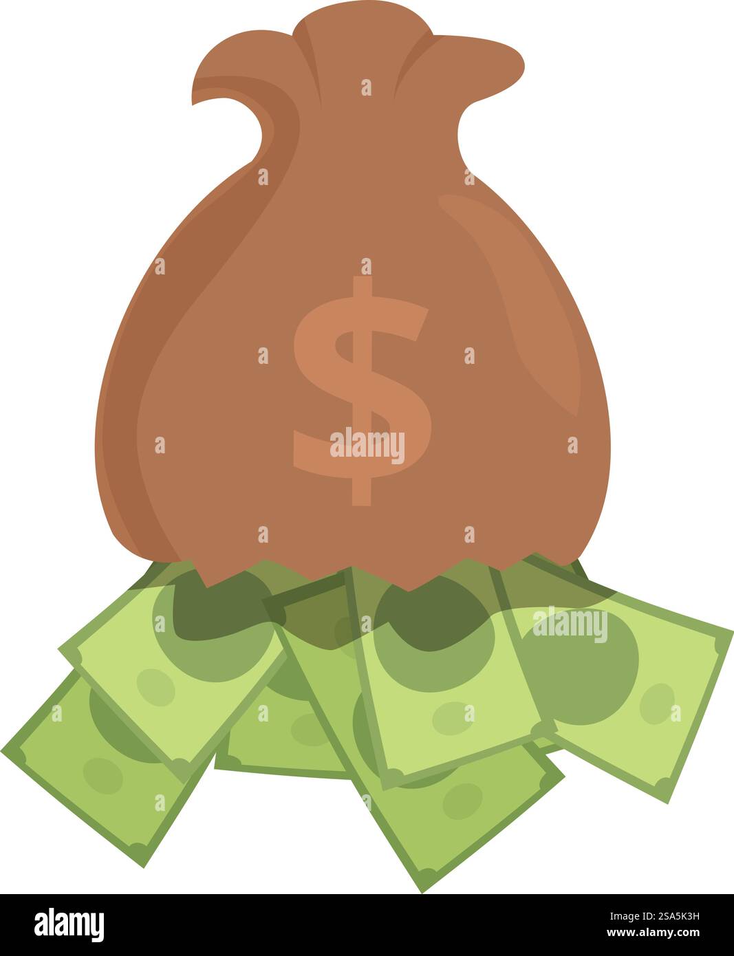 Brown money bag overflowing with cash savings, illustrating the concept ...
