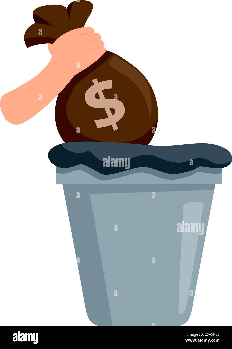 Businessman throwing a bag of money in a trash can already full ...