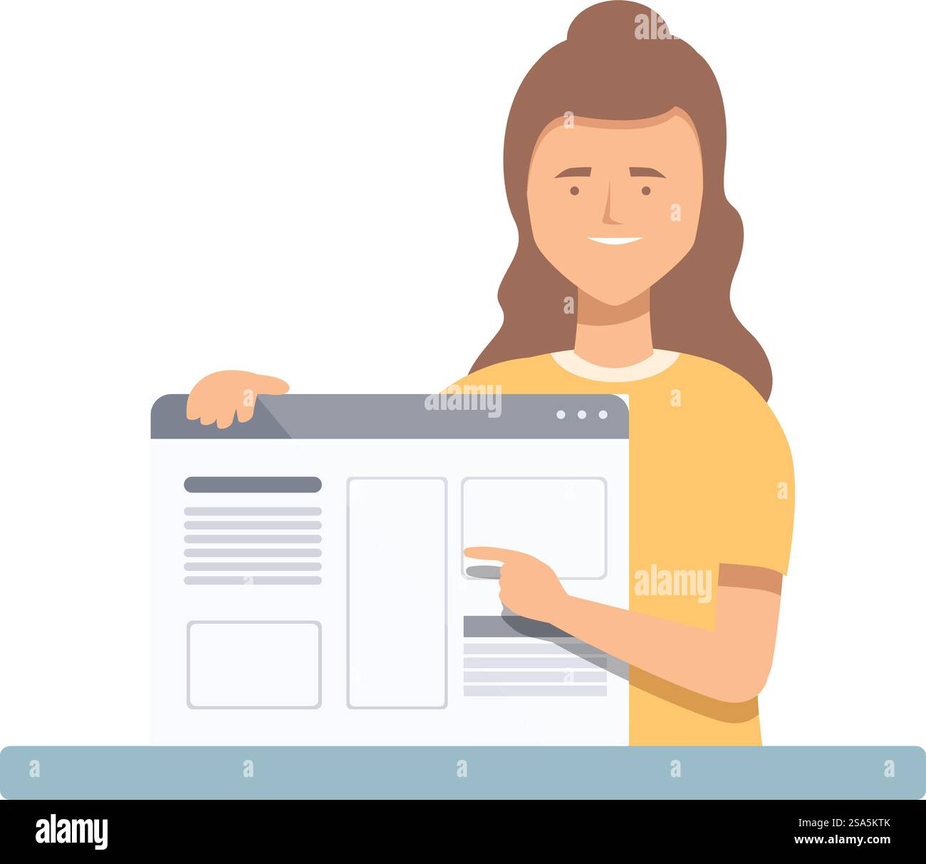 Smiling woman is presenting a website layout on a desktop computer ...