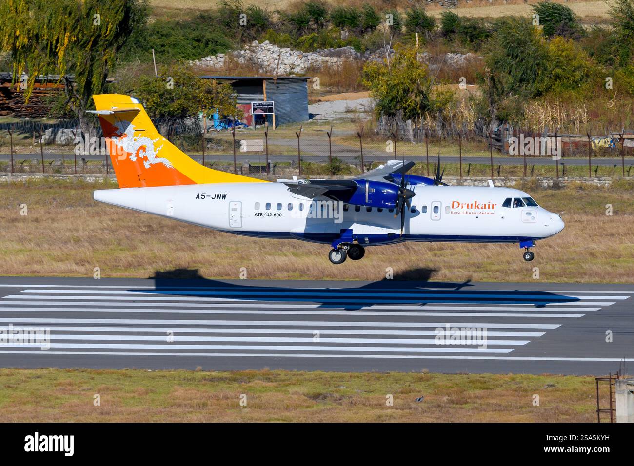 Drukair Royal Bhutan Airlines ATR 42 airplane landing at Paro Airport ...