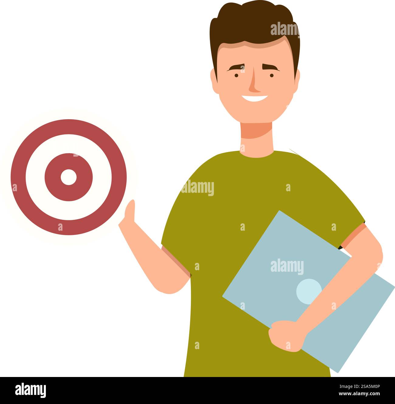 Young man holding laptop is pointing at target symbol, achieving his ...