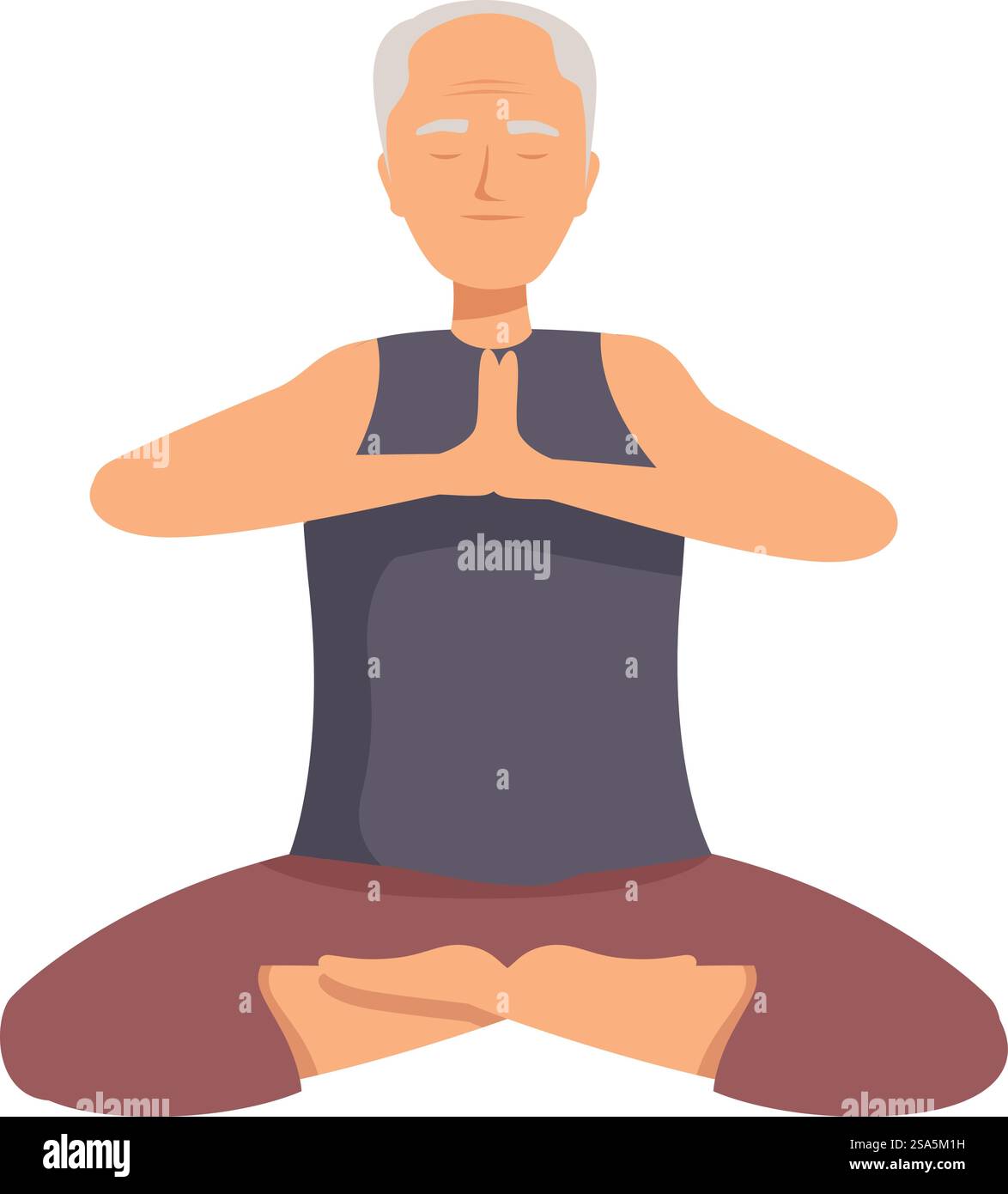 Relaxed senior man is sitting cross legged, meditating with his eyes ...