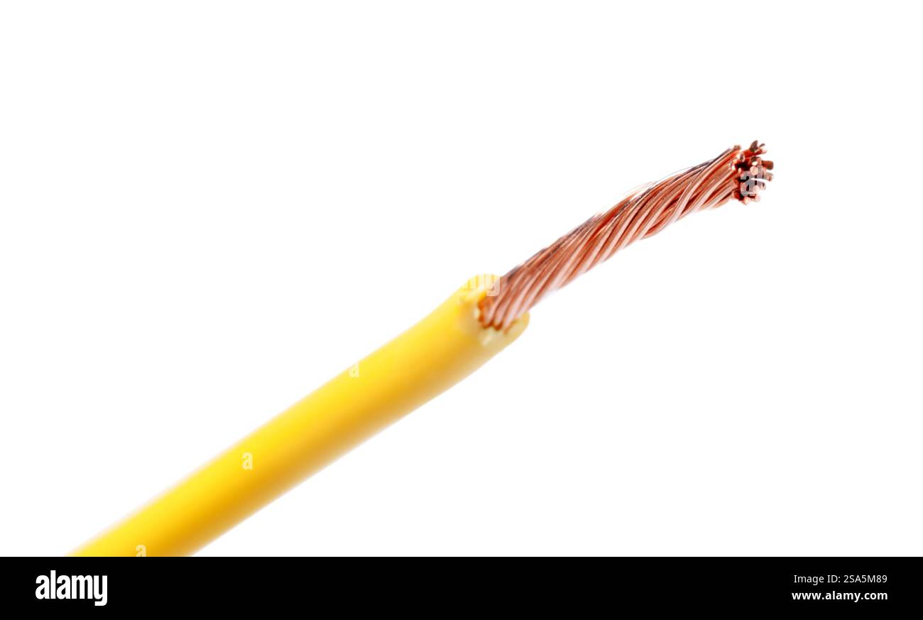 Yellow stripped electrical wire on white background Stock Photo - Alamy