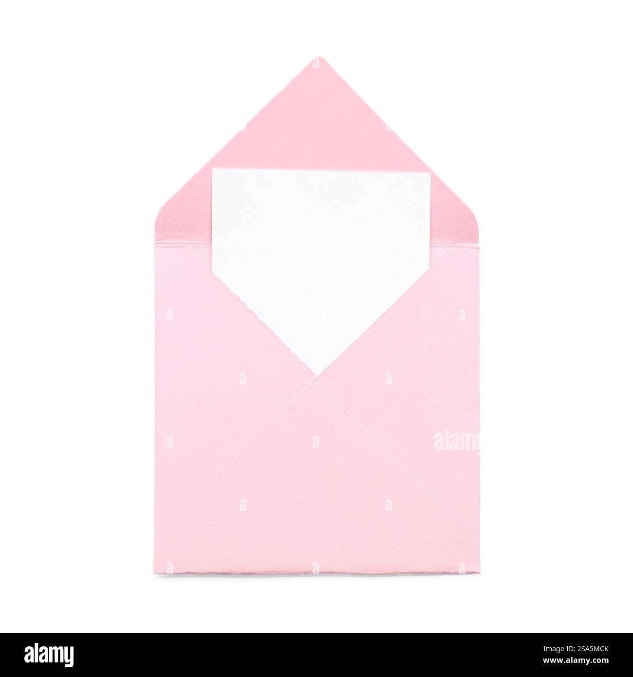 Pink envelope with card isolated on white, top view. Mockup for design ...