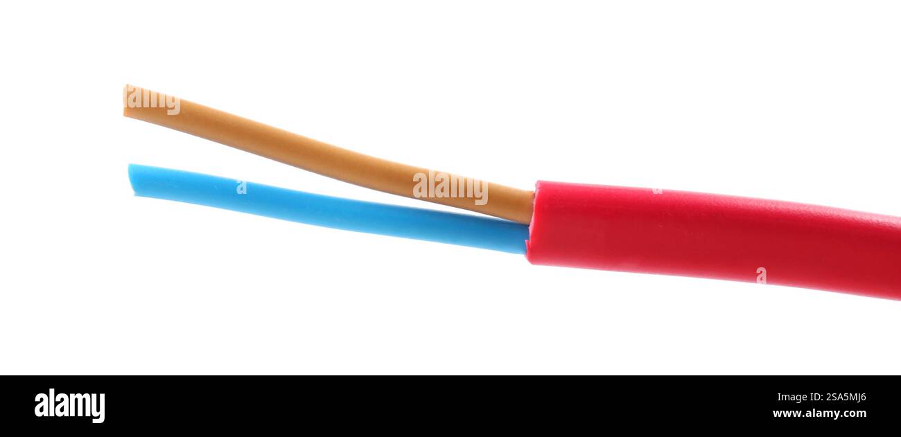 Red stripped electrical wire on white background Stock Photo - Alamy