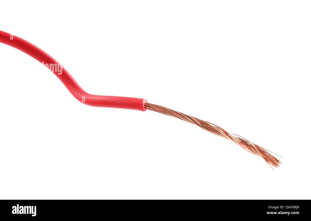 Red stripped electrical wire with copper strands on white background ...