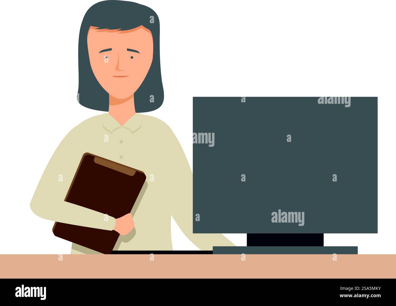 Office worker holding documents standing at her desk with computer on ...