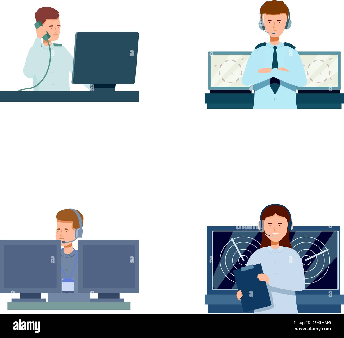 Illustration set showcasing a tech support worker in different states ...
