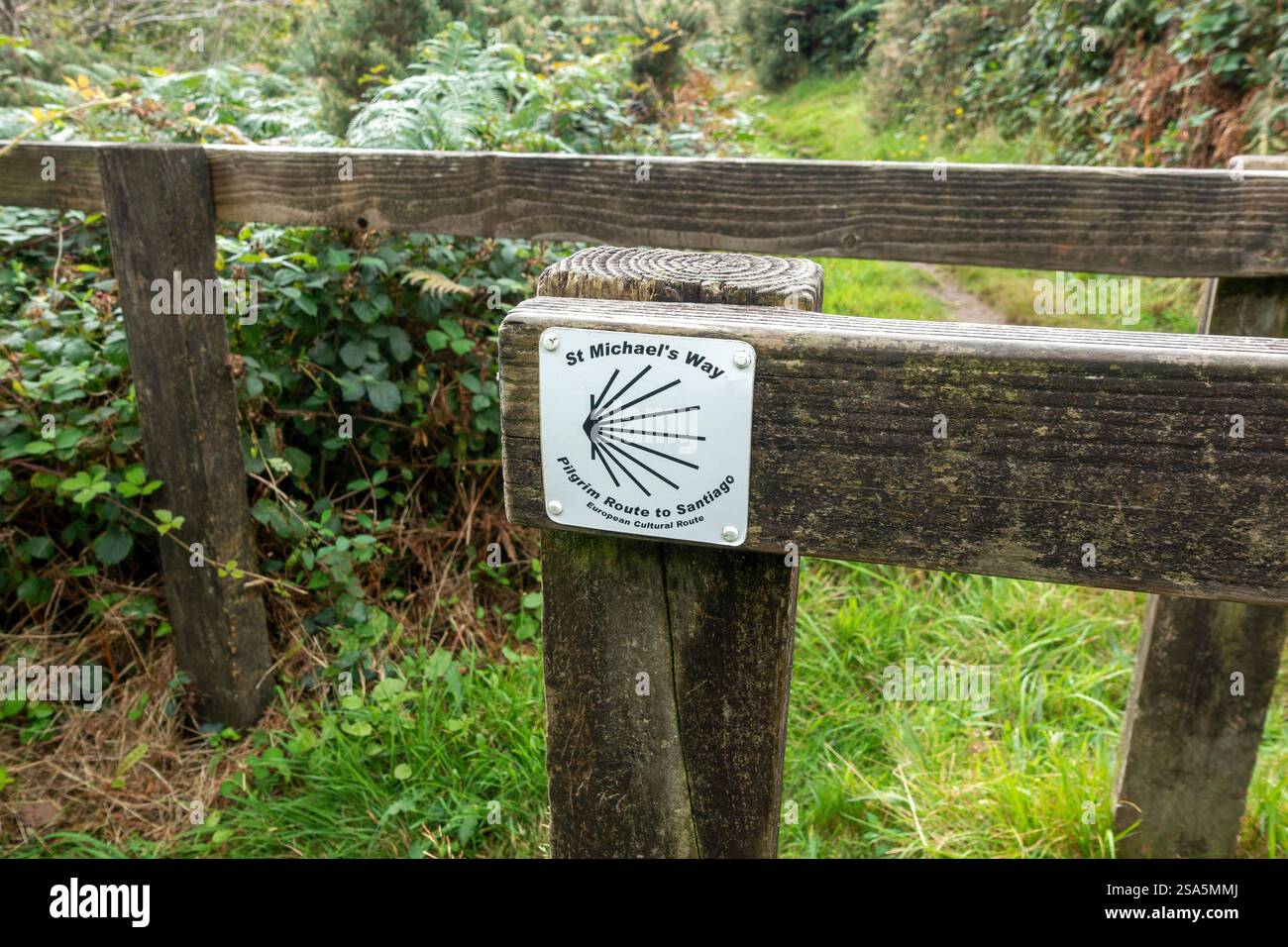 Sign with the traditional shell symbol marking St Michaels Way along ...