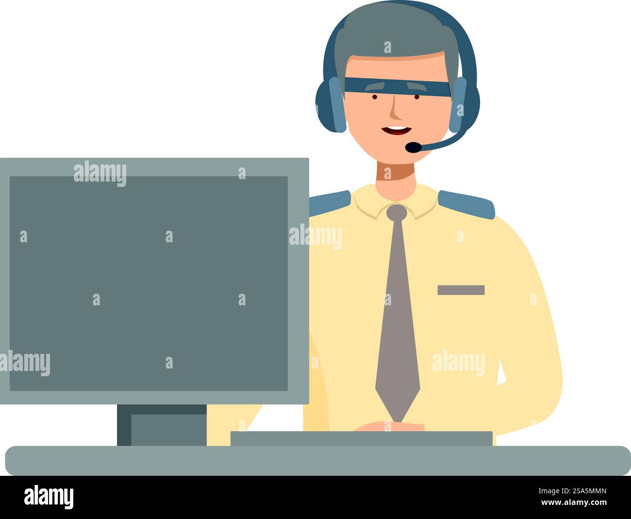 Airport employee wearing headset smiling and working at his desk on a ...