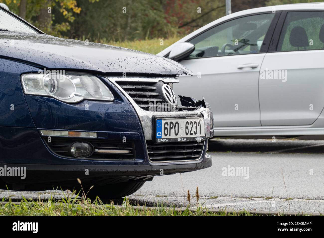 OSTRAVA, CZECHIA - OCTOBER 10, 2023: Detail of crashed Volkswagen ...