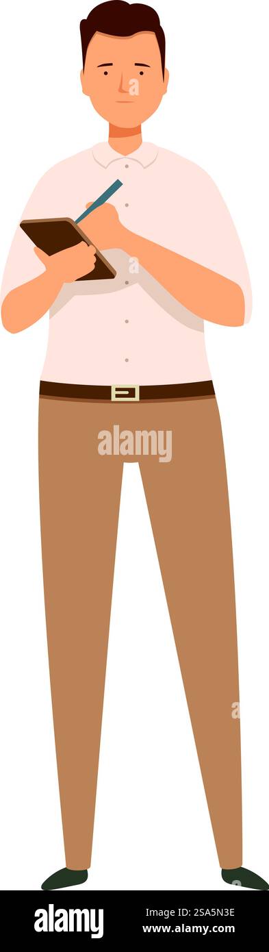 Man is standing and taking notes in his notebook. Man taking notes ...