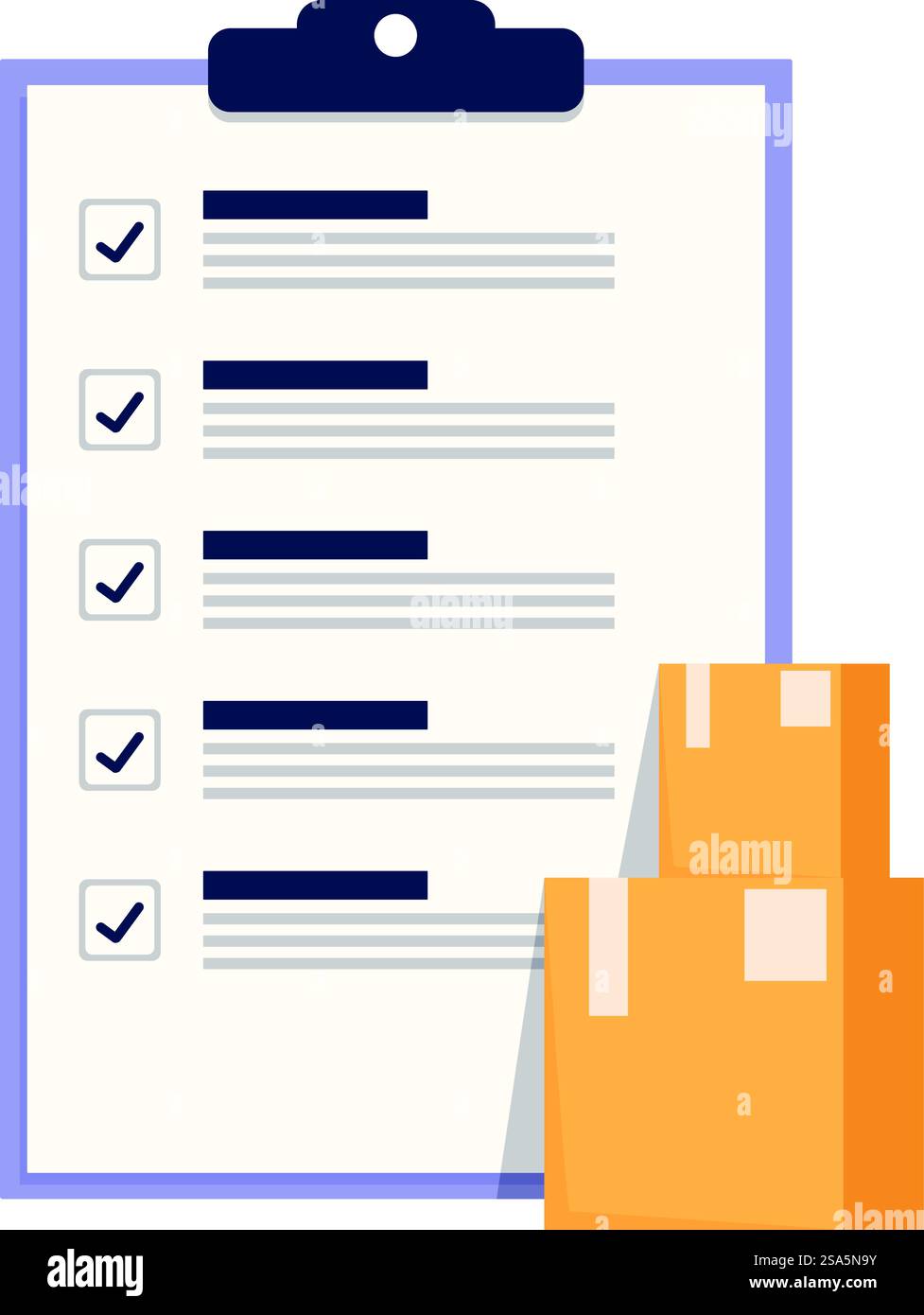 Completed checklist on clipboard confirming shipment of goods with cardboard boxes. Clipboard ...