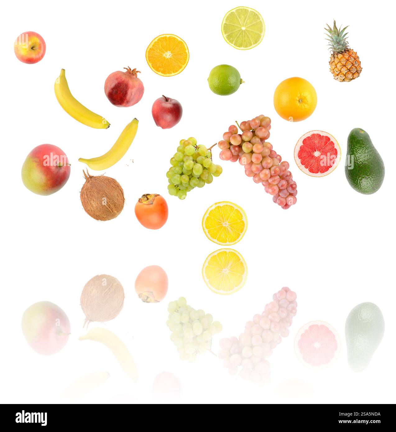 Falling colorful vegetables and fruits with light reflection isolated ...