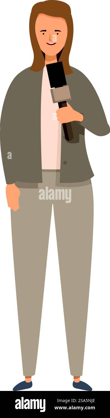 Tv reporter woman holding microphone, preparing to interview, mass media concept. Smiling tv ...