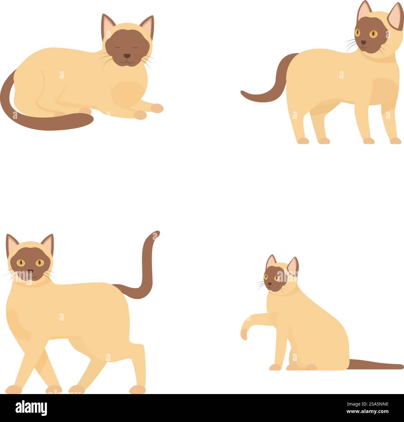 Siamese cat illustration set with various poses and cartoon characters ...