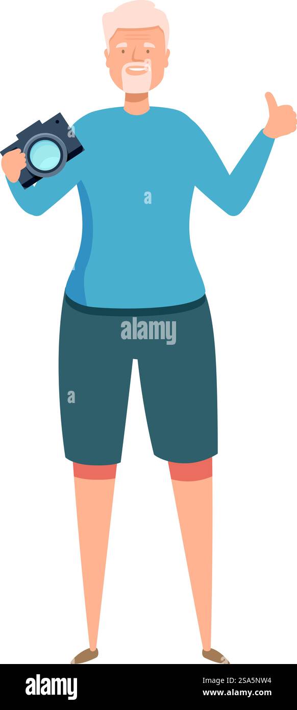 Elderly photographer holding a camera is giving a thumbs up gesture ...