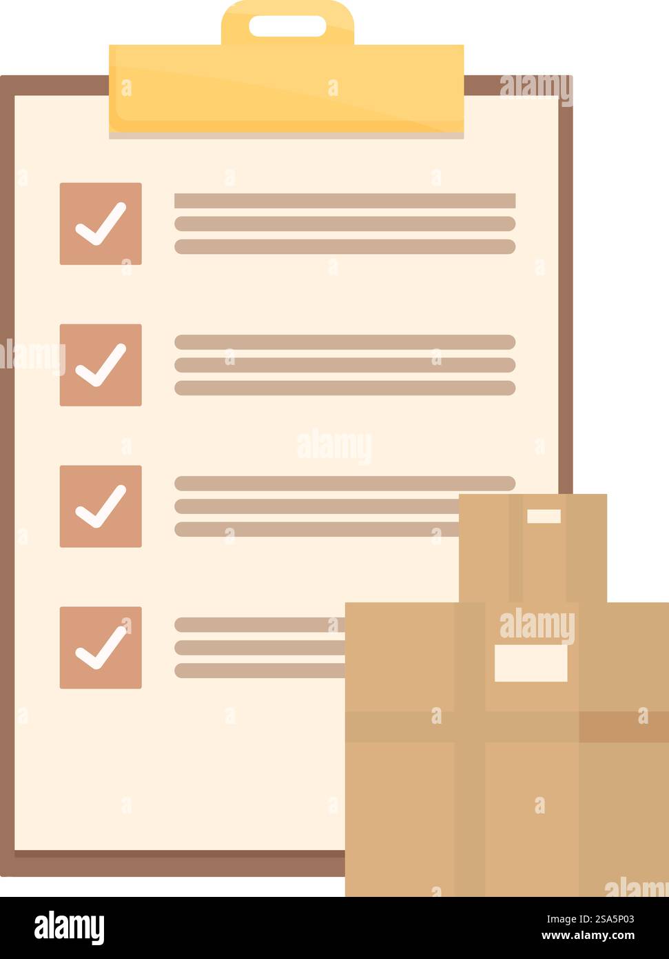 Cardboard boxes standing near clipboard with check marked delivery checklist on white background ...