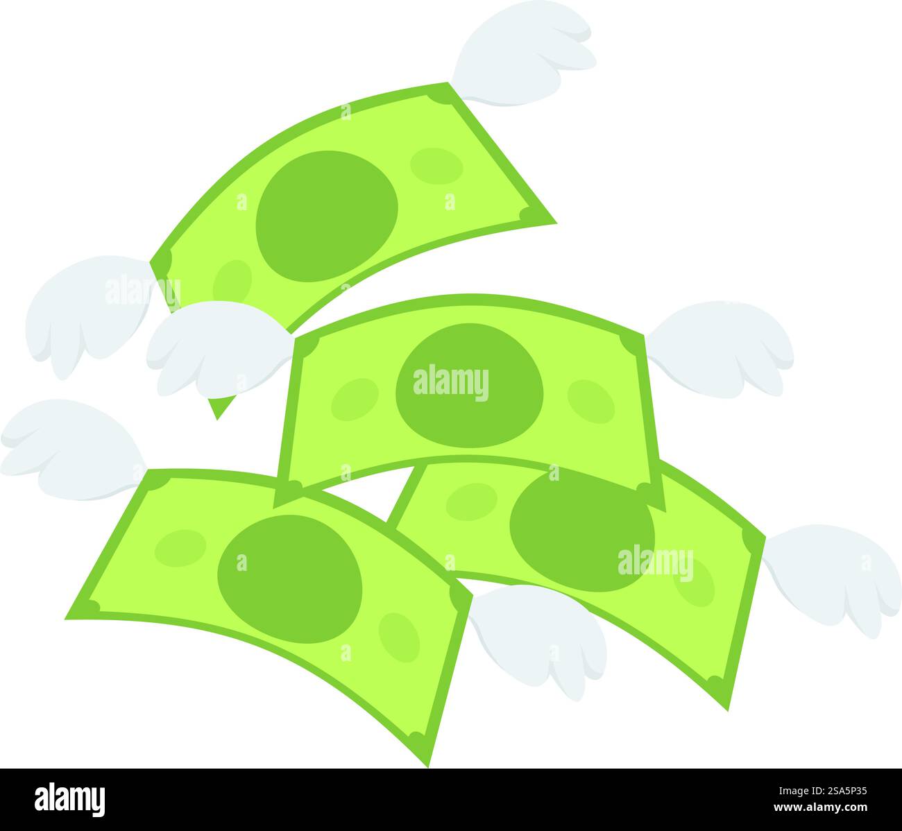 Green banknotes with small angel wings are flying away, illustrating ...
