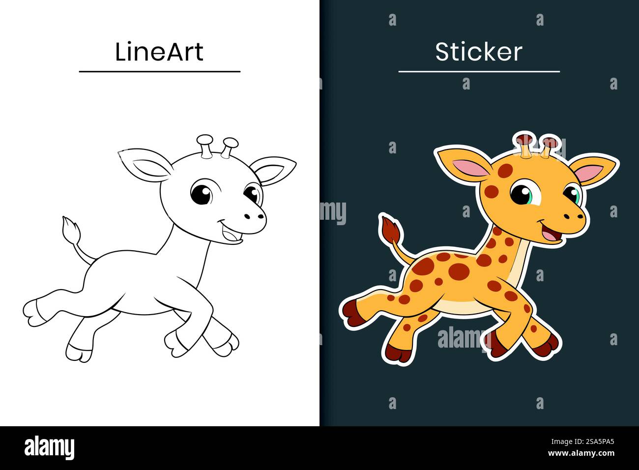 Cute cartoon baby deer vector outline and sticker. Cute baby deer line ...