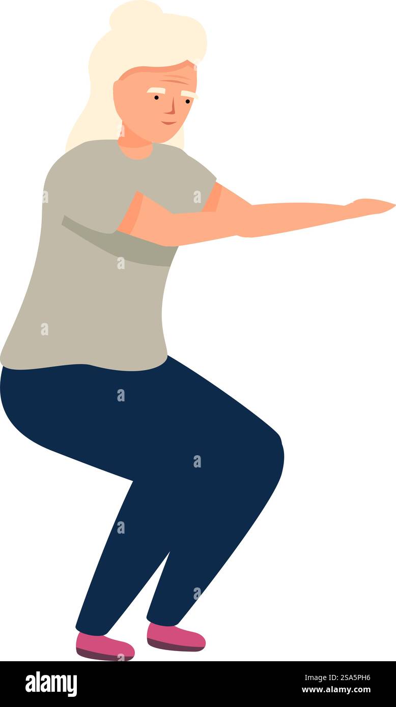Senior woman doing squats, exercising indoors, maintaining healthy ...