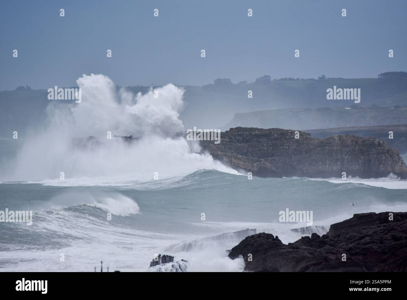 Santander, Cantabria, Spain, January 28, 2025, Waves crash against the ...