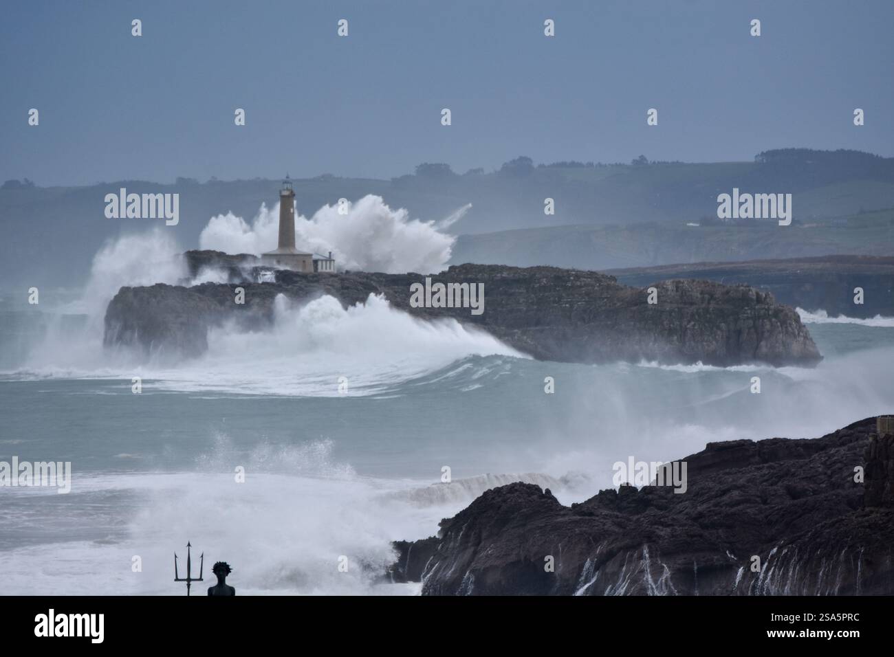 Santander, Cantabria, Spain, January 28, 2025, Waves crash against the ...