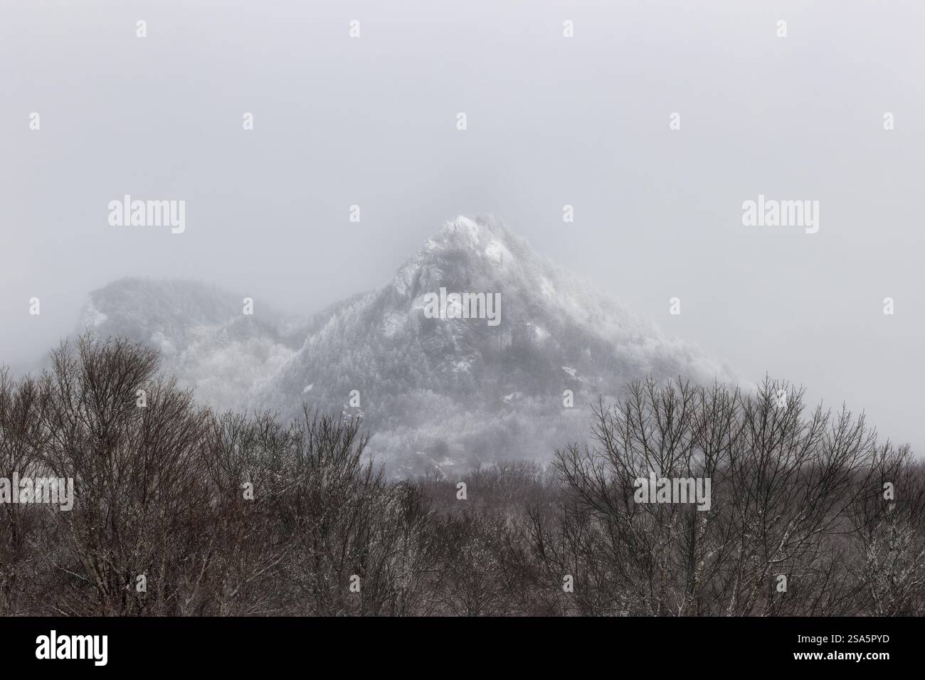 Grandfather Mountain under cloudy skies and windblown snow in the Blue ...
