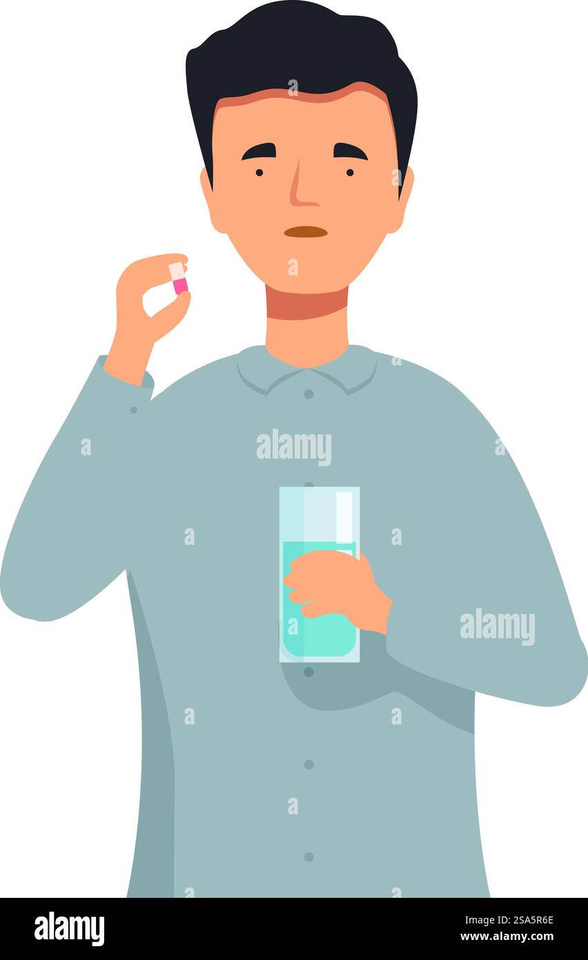 Man is holding a pill and a glass of water, preparing to take his ...
