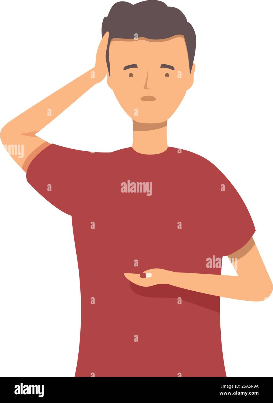 Young man is touching his head and looking confused and frustrated ...