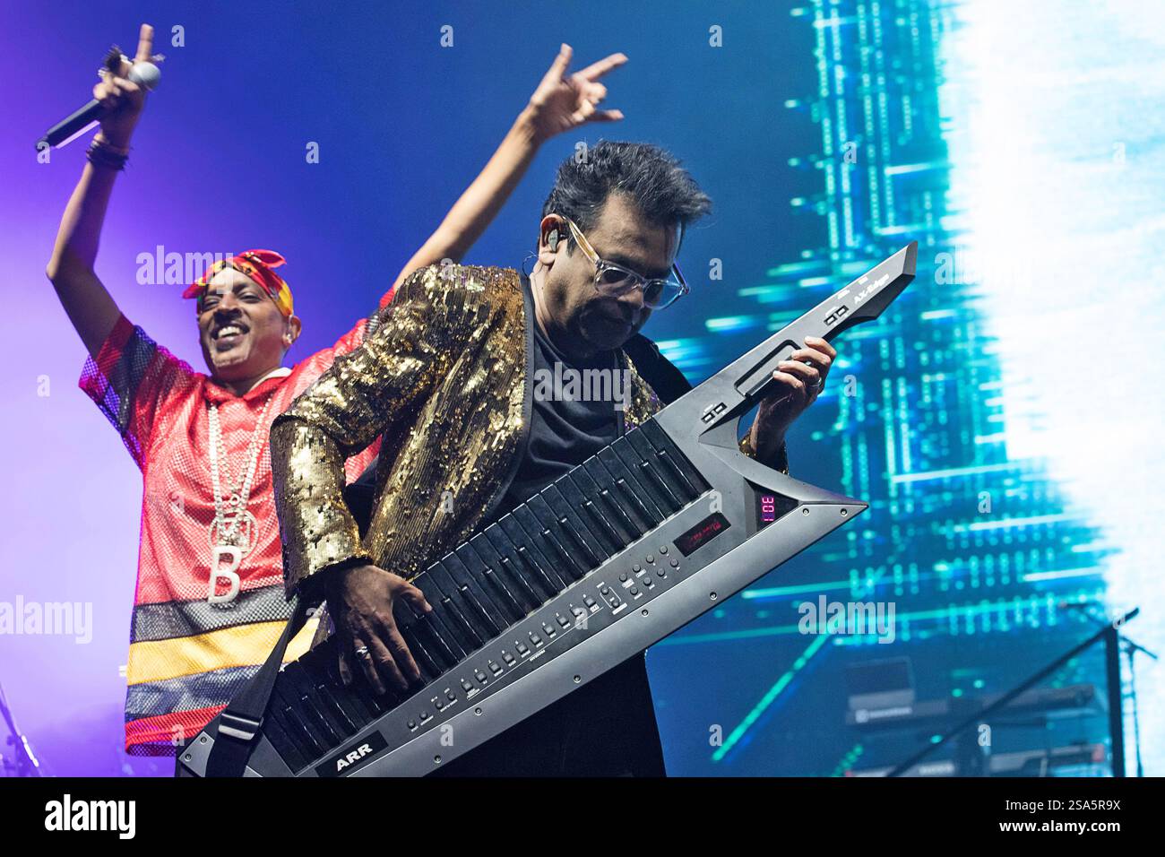 Famous Indian composer A. R. Rahman with singer Blaaze at a concert ...