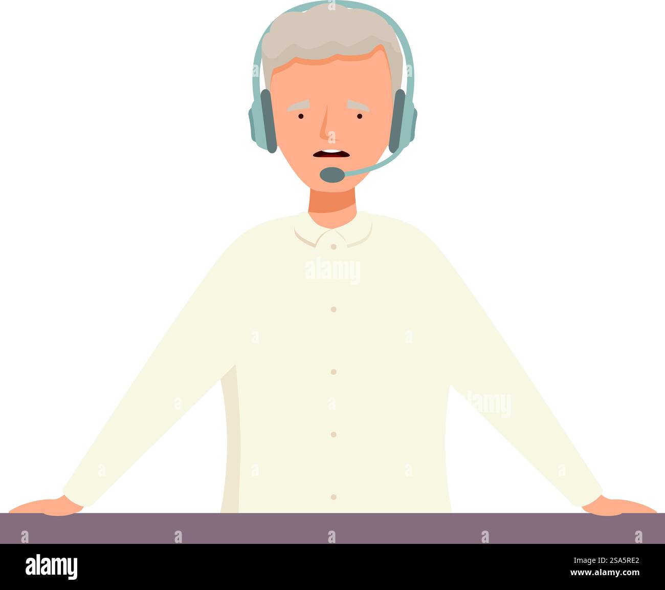 Call center employee wearing headset is speaking into microphone ...