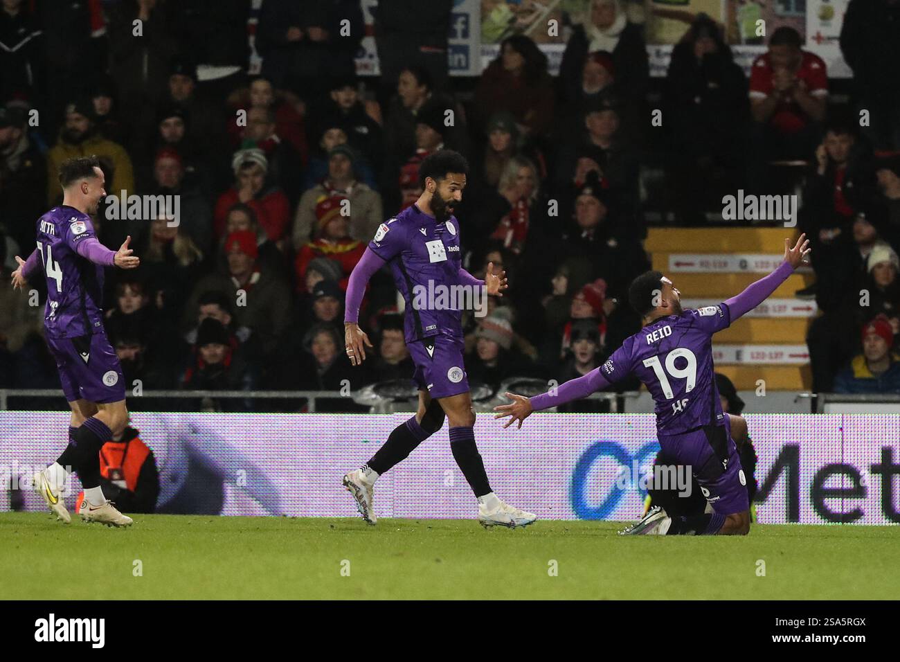 Wrexham, UK. 28th Jan, 2025. Jamie Reid of Stevenage celebrates his ...