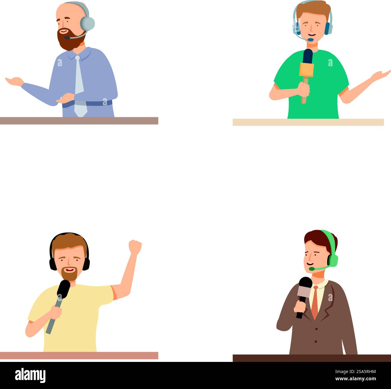 Set of four cartoon male characters with microphones speaking ...