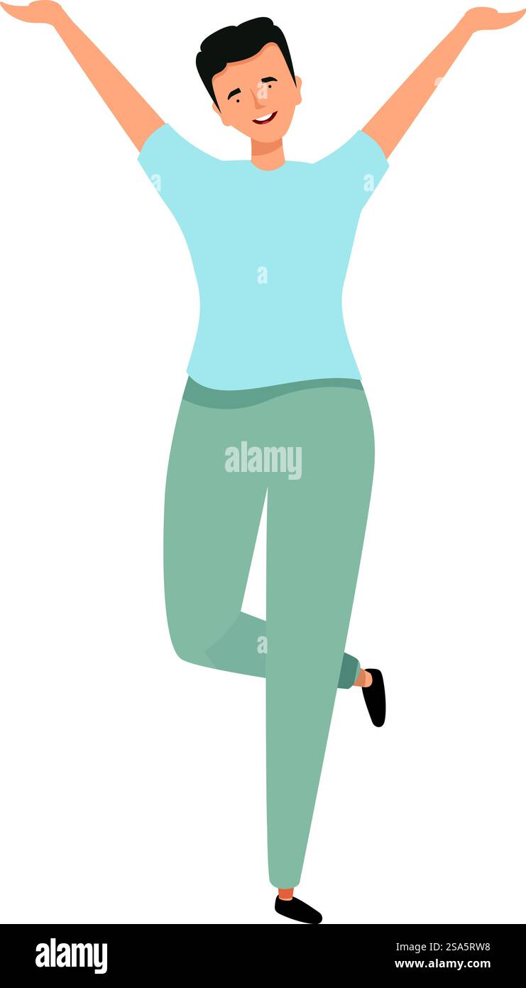 Happy young man is standing on one leg raising his arms in a winning ...