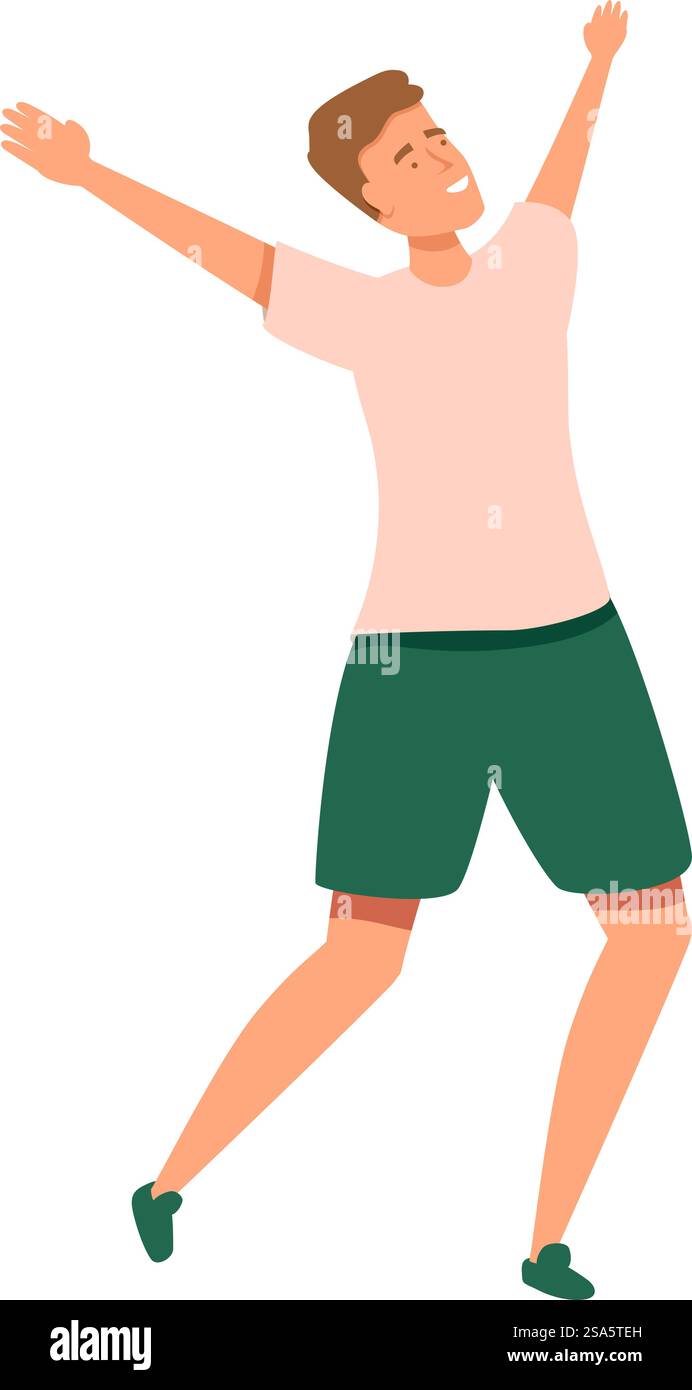 Young man is joyfully jumping with his arms raised in the air ...