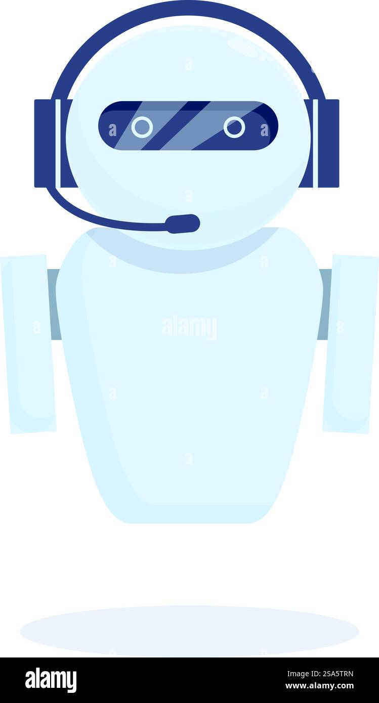 White modern robot wearing a headset is answering questions from ...