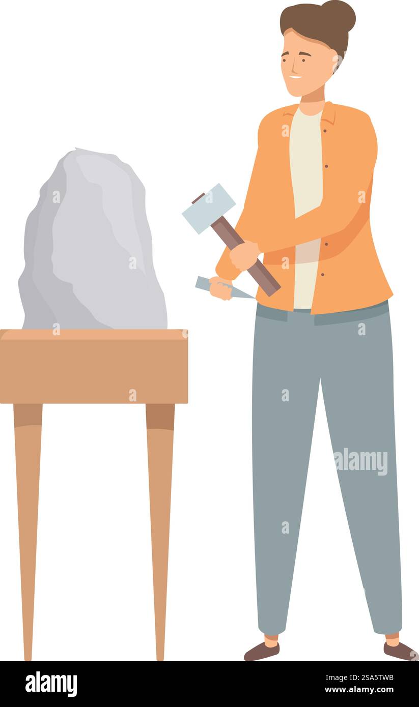 Woman sculptor is carving a stone sculpture with a hammer and chisel ...
