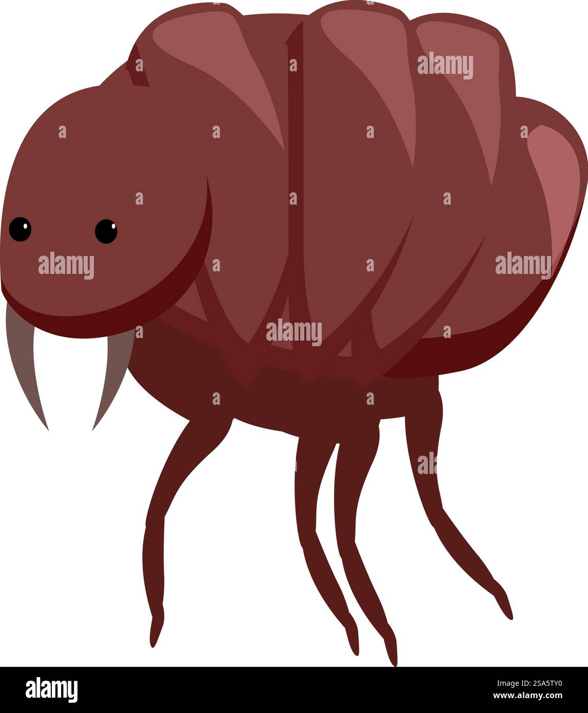 Cartoon brown flea is crawling, showing its six legs and sharp teeth ...
