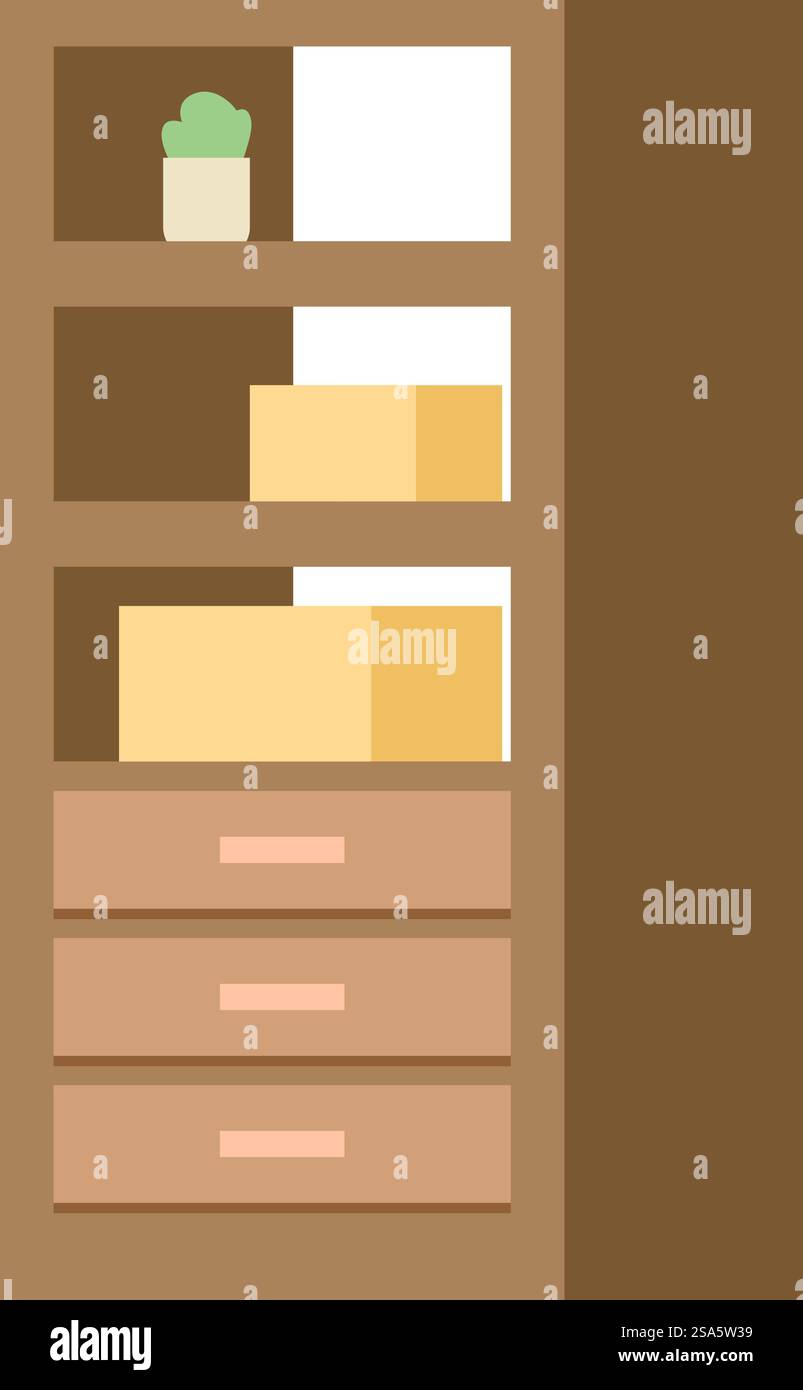 Tall wooden storage cabinet with shelves and drawers standing against ...